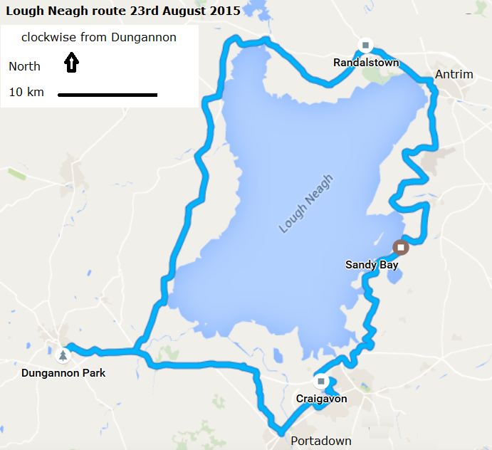 Lough Neagh showing route and places mention by Steve Kidd, August 23 2015